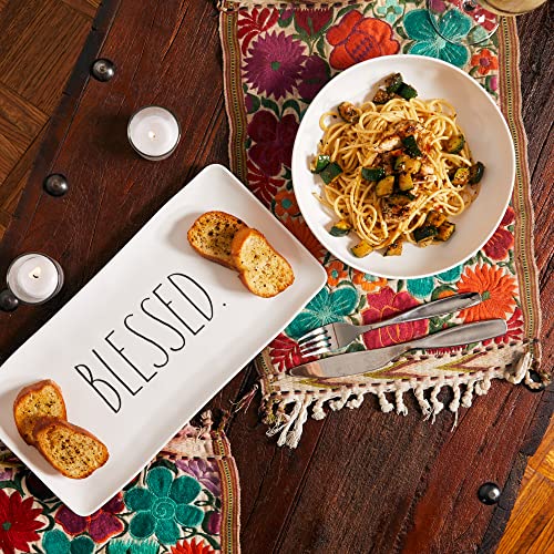 Rae Dunn Melamine Serving Platter- Durable Dishwasher Safe White Rectangular Dessert Plate/Salad Plates (14.25") - Serving Trays for Parties, Sushi, Serving Plates, Blessed