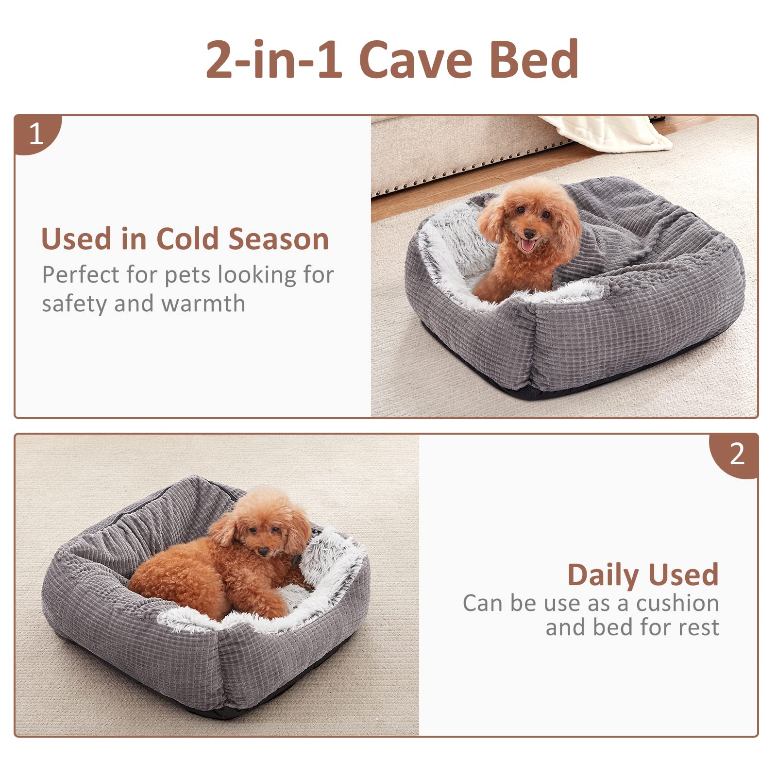 MIXJOY Dog Beds for Medium Large Small Dogs, Rectangle Cave Hooded Blanket Puppy Bed, Luxury Orthopedic Cat Beds for Indoor Cats, Warmth and Machine Washable (25 inches, Grey)