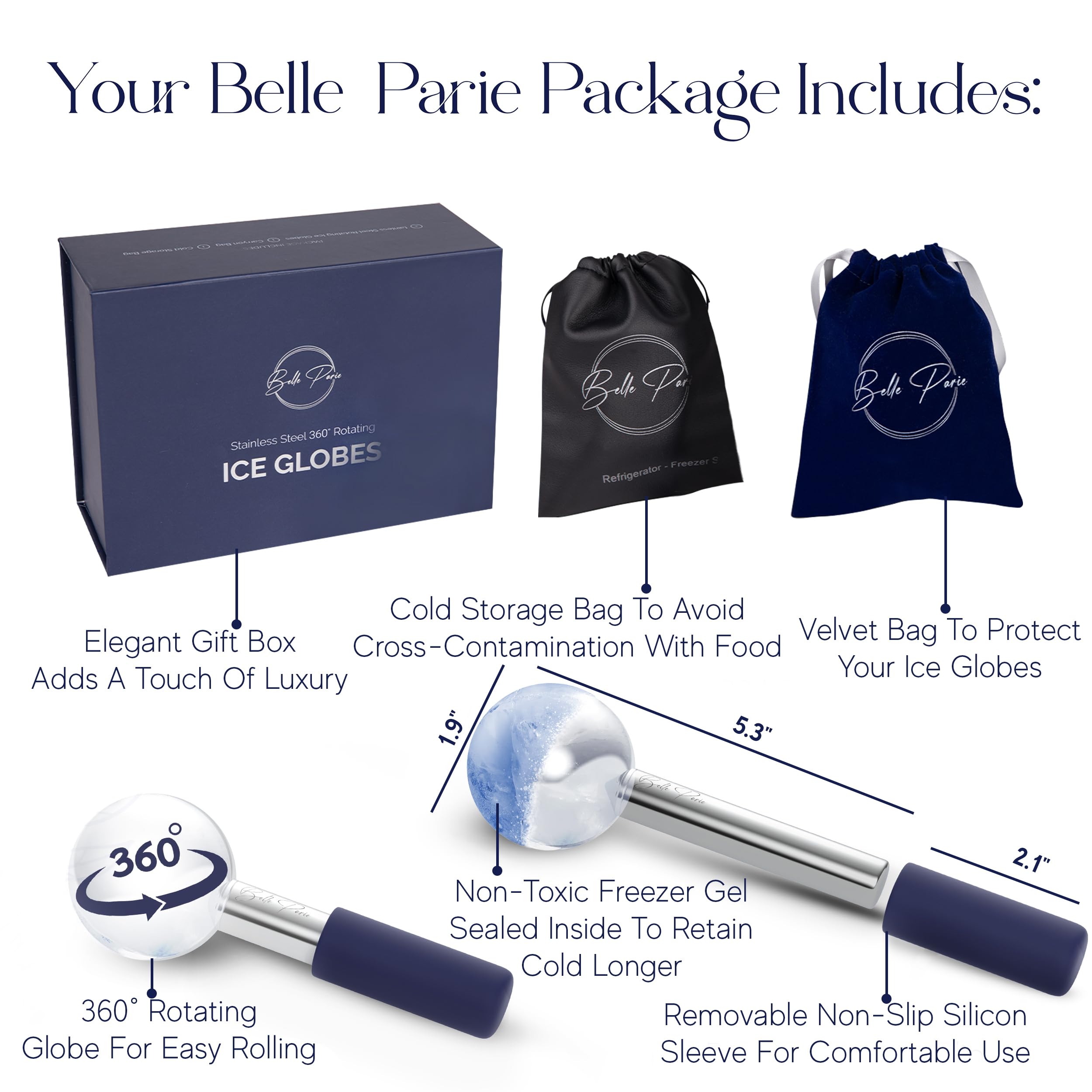 Belle Parie Ice Globes for Facials - 360° Rotating Ice Globes for Face to Reduce Puffy Eyes & Dark Circles - Stainless Steel Face Globes & Ice Balls for Face Roller to Tighten Skin & Diminish Wrinkles
