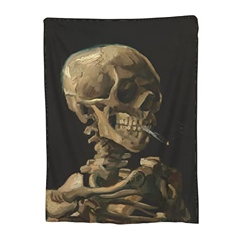Vincent Van Gogh Painting Throw Blanket Skull of a Skeleton with Burning Cigarette Plush Fleece Flannel Blanket Soft for Sofa Couch Bed Living Room Suitable for All Seasons 60"x50"