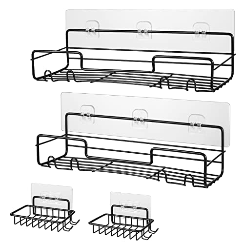 Locsee Shower Caddy Shelf Organizer 2PCS with Soap Dishes 2PCS, Bathroom Accessories with Hooks, No Drilling Basket Shelf Wall-Mounted Shower Storage Accessories (Black)