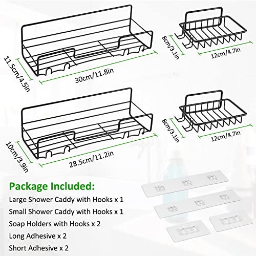 Locsee Shower Caddy Shelf Organizer 2PCS with Soap Dishes 2PCS, Bathroom Accessories with Hooks, No Drilling Basket Shelf Wall-Mounted Shower Storage Accessories (Black)