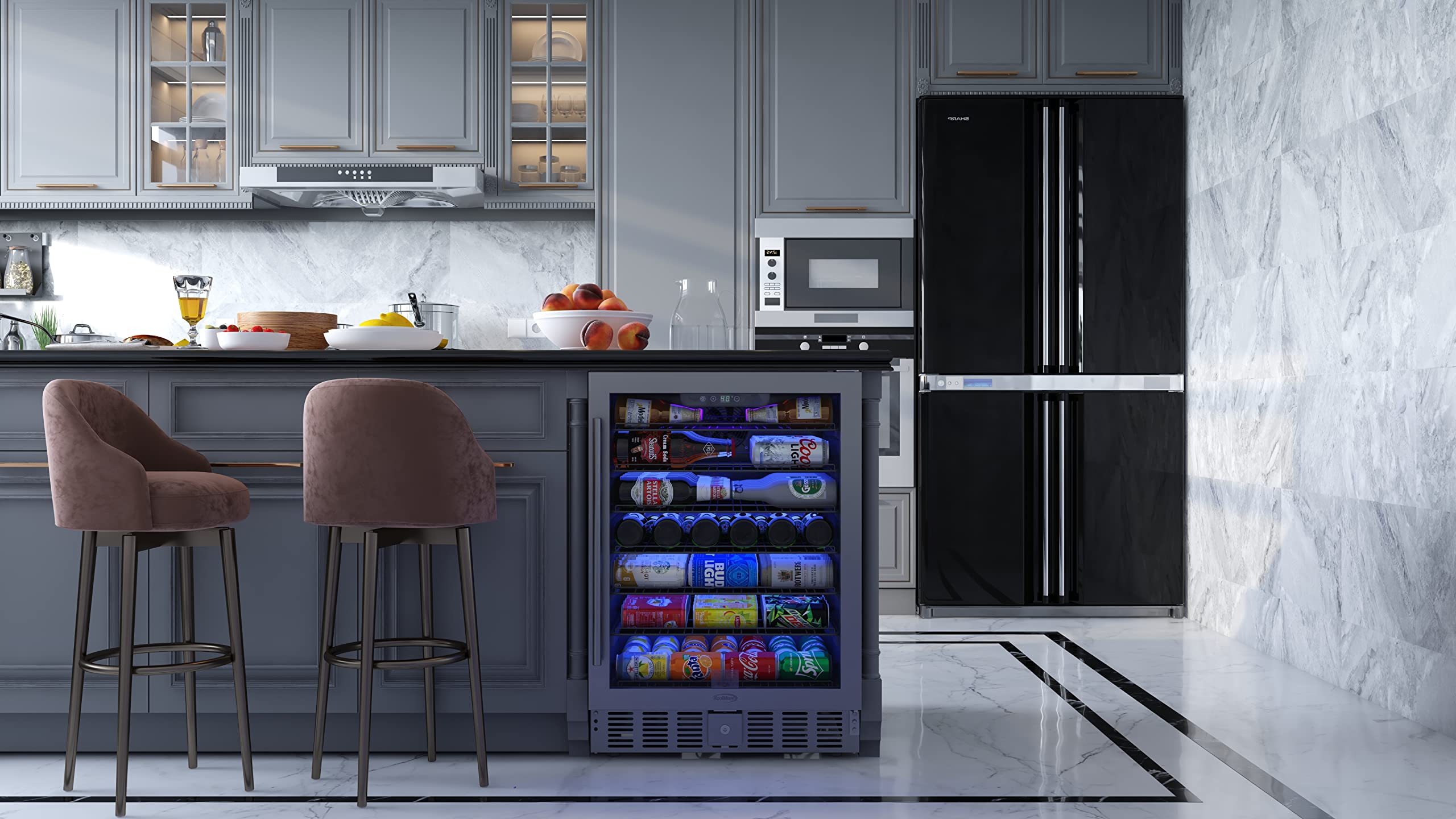 KoolMore 23.4” Inches Small Built-In Glass Door Refrigerator and Beverage Cooler for Soda Cans, 6 Wire Shelves, Adjustable Temperature Range [5.1 Cu. Ft.], 24" Inch (KM-BIR5C-GD)