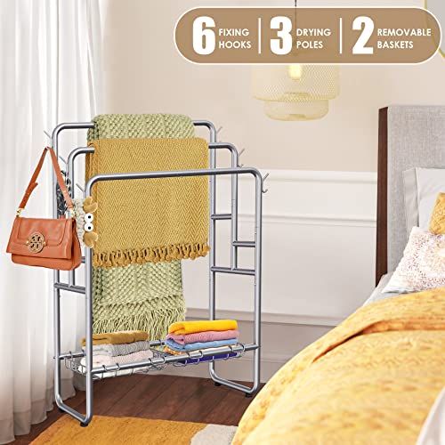 40" H Standing Towel Rack with 2 Storage Baskets & 6 Hooks, 3 Tier Silver Metal Towel Holder for Extra Large Towel, Modern Industrial Blanket Ladder Display and Drying Rack for Bedroom Bathroom