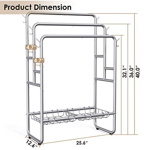 40" H Standing Towel Rack with 2 Storage Baskets & 6 Hooks, 3 Tier Silver Metal Towel Holder for Extra Large Towel, Modern Industrial Blanket Ladder Display and Drying Rack for Bedroom Bathroom