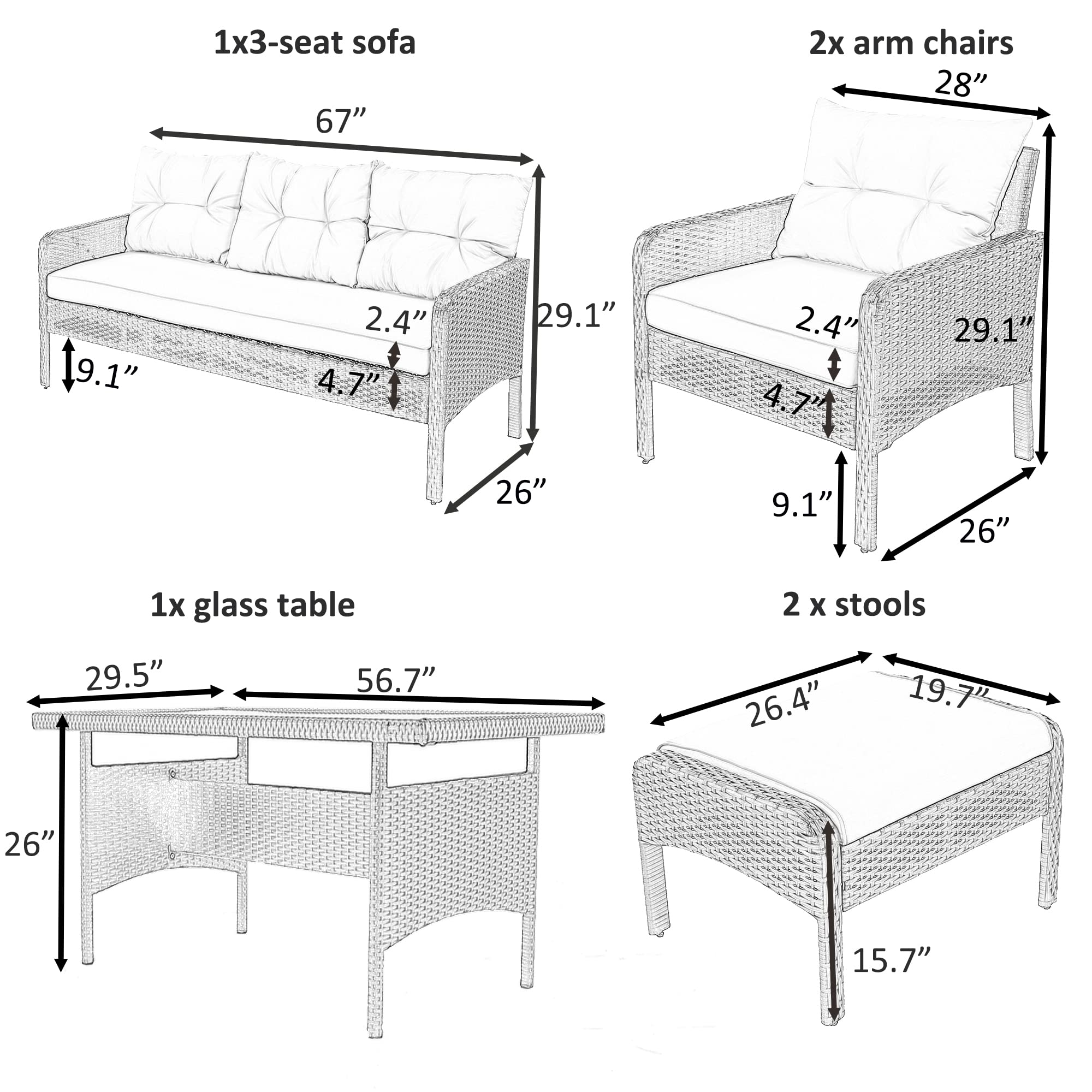 EMKK Furniture 6 pcs Outdoor Patio Sectional Couch PE Wicker Rattan Sofas Set Dining Table with Removable Cushions and Tempered Glass Tea for Backyard, Poolside, Deck, Brown, E-Blue