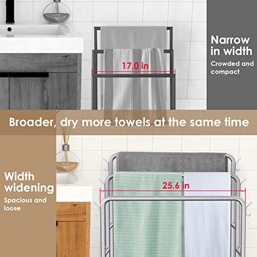 40" H Standing Towel Rack with 2 Storage Baskets & 6 Hooks, 3 Tier Silver Metal Towel Holder for Extra Large Towel, Modern Industrial Blanket Ladder Display and Drying Rack for Bedroom Bathroom