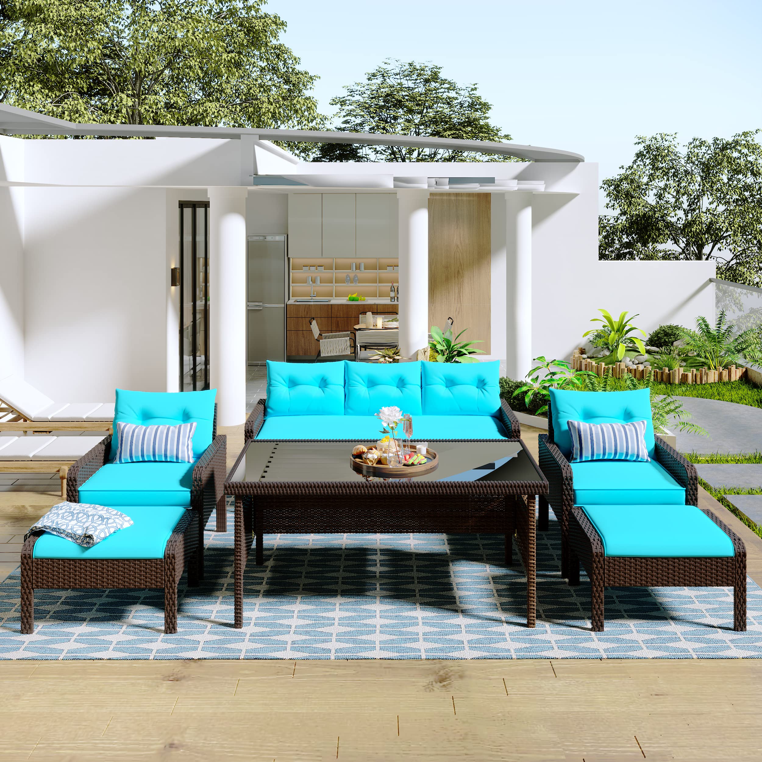 EMKK Furniture 6 pcs Outdoor Patio Sectional Couch PE Wicker Rattan Sofas Set Dining Table with Removable Cushions and Tempered Glass Tea for Backyard, Poolside, Deck, Brown, E-Blue