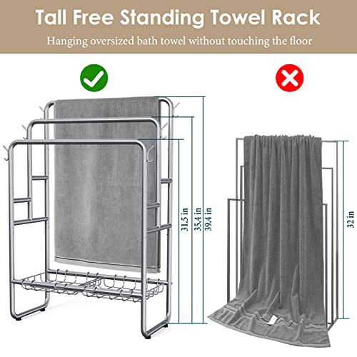 40" H Standing Towel Rack with 2 Storage Baskets & 6 Hooks, 3 Tier Silver Metal Towel Holder for Extra Large Towel, Modern Industrial Blanket Ladder Display and Drying Rack for Bedroom Bathroom