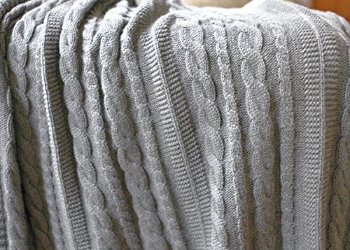 100% Organic Cotton Throw Cable Knit Blanket (50x70in) Super Soft Warm Luxurious Pure All-Season Eco-Friendly (Grey)