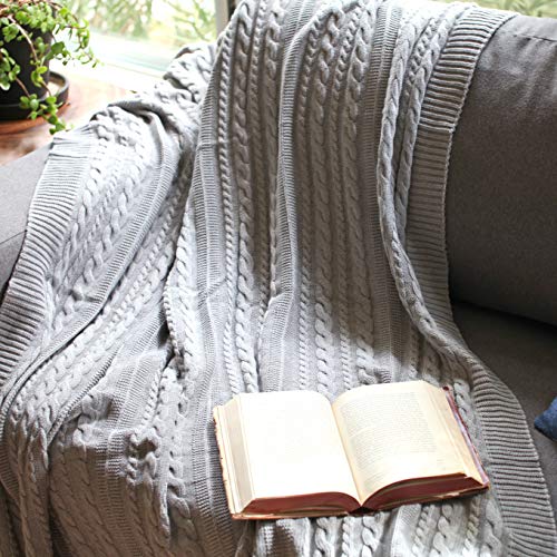 100% Organic Cotton Throw Cable Knit Blanket (50x70in) Super Soft Warm Luxurious Pure All-Season Eco-Friendly (Grey)