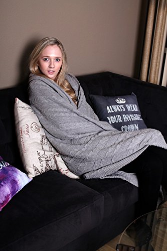 100% Organic Cotton Throw Cable Knit Blanket (50x70in) Super Soft Warm Luxurious Pure All-Season Eco-Friendly (Grey)