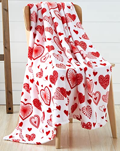 Valentine Throw Blanket: Boho Hearts with Modern Contemporary and Traditional Designed Red and White Hearts, Microfiber Fleece Velour, Accent for Couch Sofa Chair Bed or Dorm (Boho Hearts)