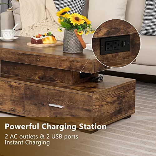 WEENFON LED Coffee Table, Smart Coffee Table with Charging Station, Lift Top, 21 Colors Change, 2 Tiers Modern Tea Table with Storage, Living Room Furniture, Rectangle Design, Rustic Brown