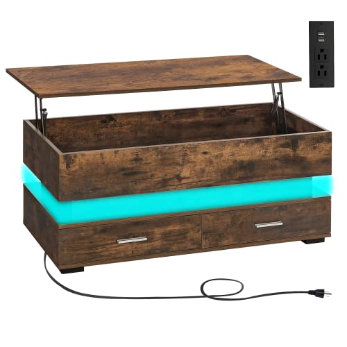 WEENFON LED Coffee Table, Smart Coffee Table with Charging Station, Lift Top, 21 Colors Change, 2 Tiers Modern Tea Table with Storage, Living Room Furniture, Rectangle Design, Rustic Brown