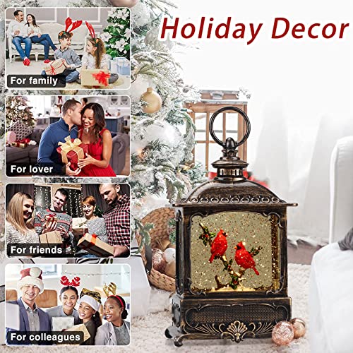 Cardinal Christmas Decorations Musical Snow Globe Lantern, Lighted Snow Globe with Swirling Glitter, 3 AA Battery Operated & USB Powered, Cardinal