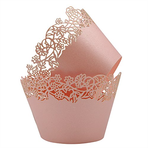 Cupcake Wrappers Pack of 50 Pink Filigree Artistic Bake Cake Paper Cups Little Vine Lace Laser Cut Liner Baking Cup Muffin Case Trays for Wedding Party Birthday Decoration -By KPOSIYA