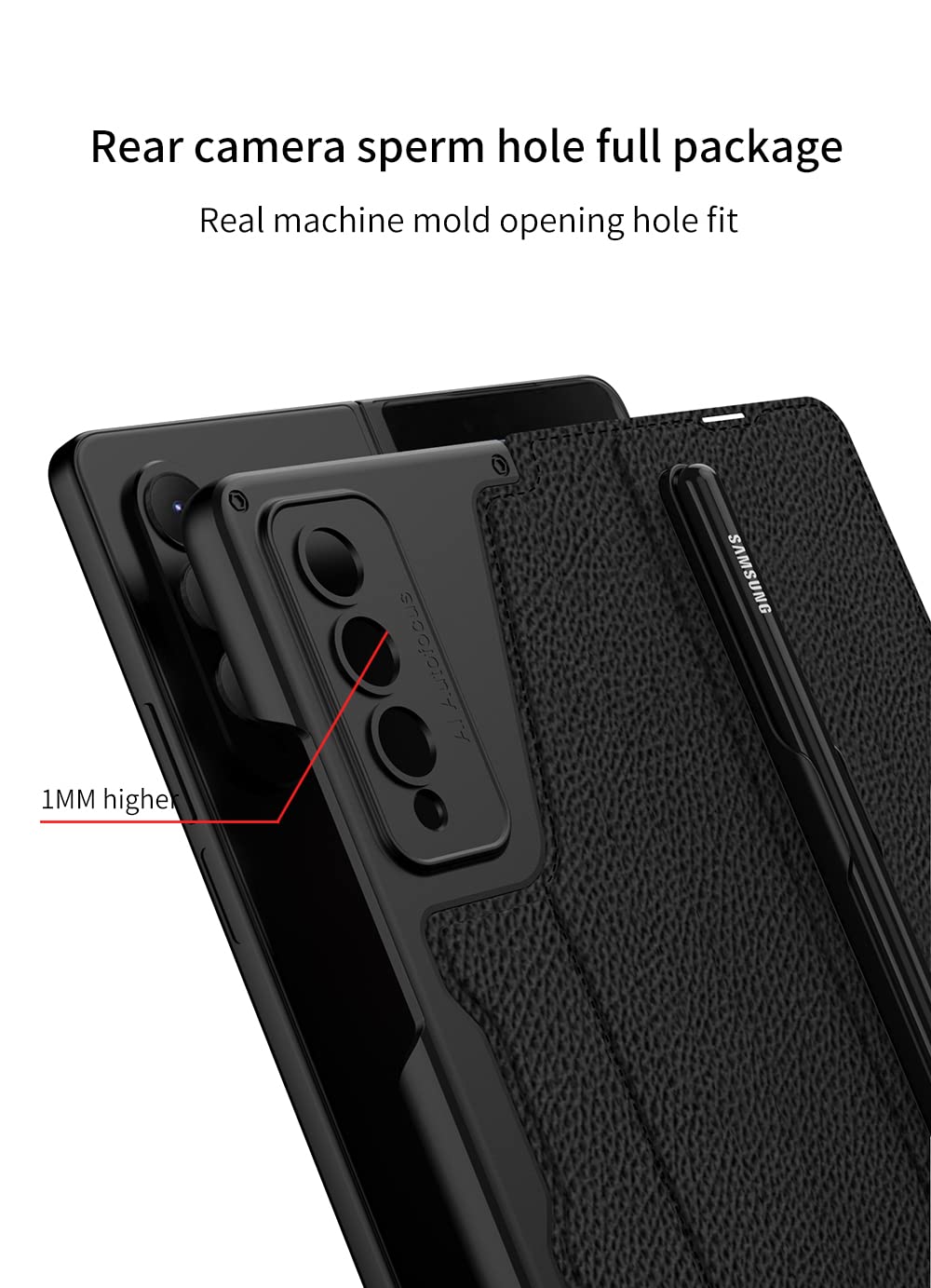 FYTON Galaxy Z Fold 4 Case with S Pen Holder (Removable), Z Fold 4 Case with Hinge Protection, Leather Case with Kickstand Function for Samsung Galaxy Z Fold 4 5G 2022, Black, Cloud Black