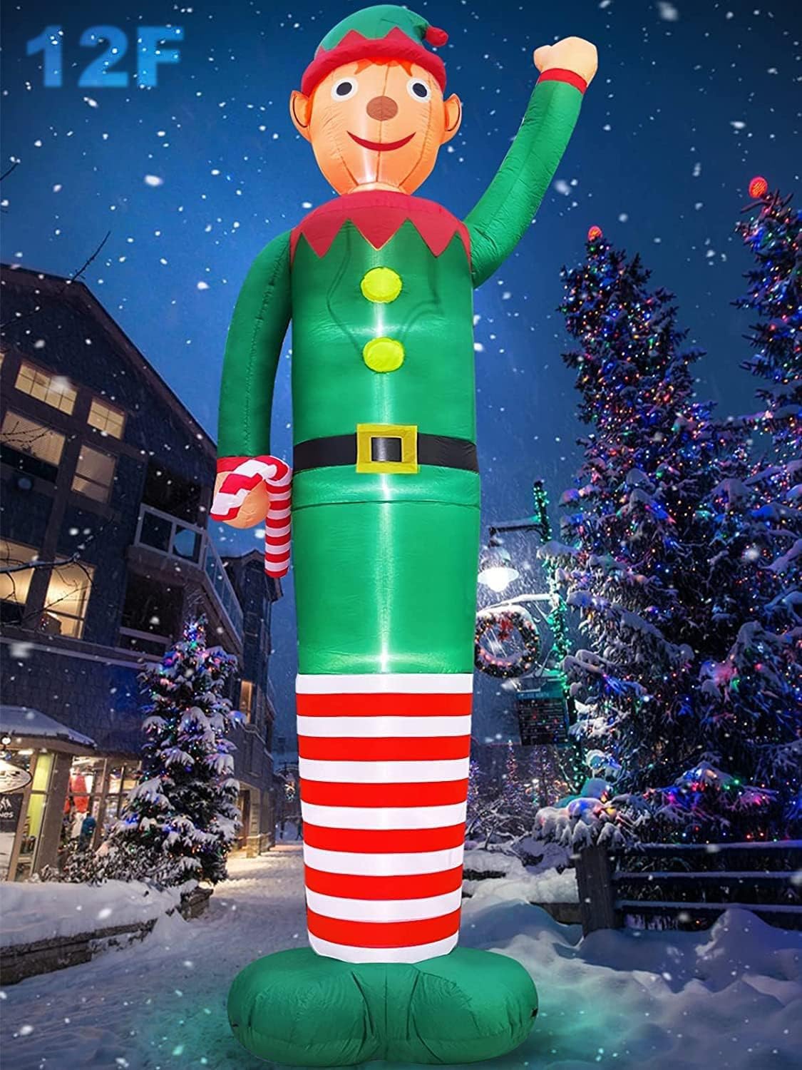TURNMEON 12 Foot Giant Christmas Inflatable Elf, Christmas Decoration Outdoor Blow Up Elf Holds Candy Cane with Tethers Stakes LED Lighted Holiday Xmas Decoration Outside Yard Lawn Garden Home Party