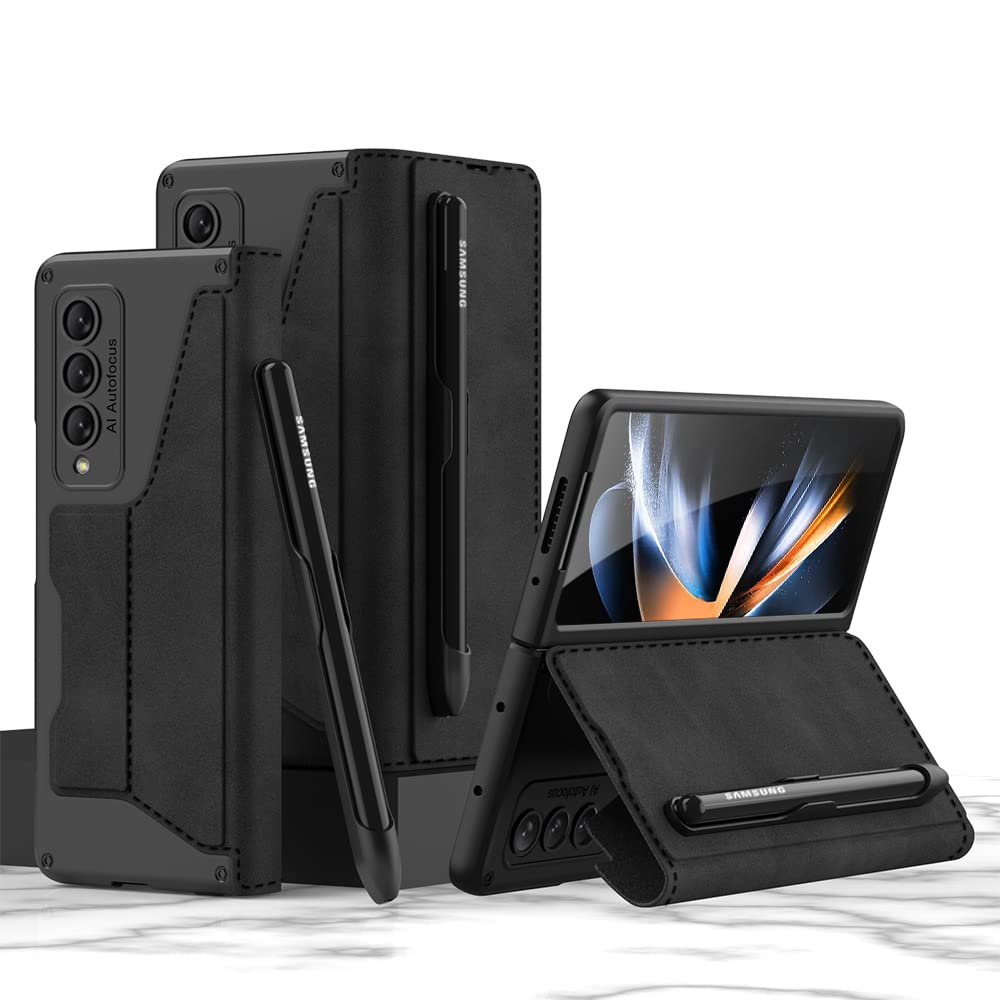 FYTON Galaxy Z Fold 4 Case with S Pen Holder (Removable), Z Fold 4 Case with Hinge Protection, Leather Case with Kickstand Function for Samsung Galaxy Z Fold 4 5G 2022, Black, Cloud Black