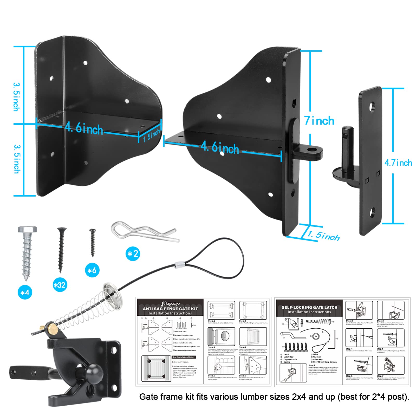 Magacyo Fence Gate Kit Gate Hardware with Gate Latch - Updated 90 Degree Right Angle Gate Hinges - Anti Sag Gate Kit - Gate Corner Brace Bracket (1 Set)