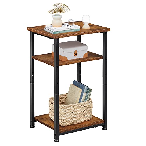WLIVE Side Table, Small End Table, Adjustable 3-Tier Bedside Table with Sturdy Metal Frame, Tall Nightstand for Bedroom, Living Room, Sofa Table for Small Space (Rustic Brown, 1 Pack)