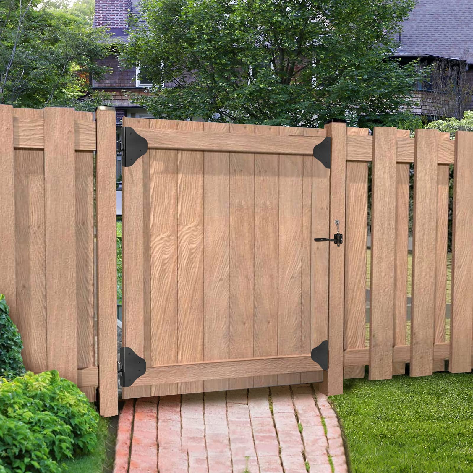 Magacyo Fence Gate Kit Gate Hardware with Gate Latch - Updated 90 Degree Right Angle Gate Hinges - Anti Sag Gate Kit - Gate Corner Brace Bracket (1 Set)