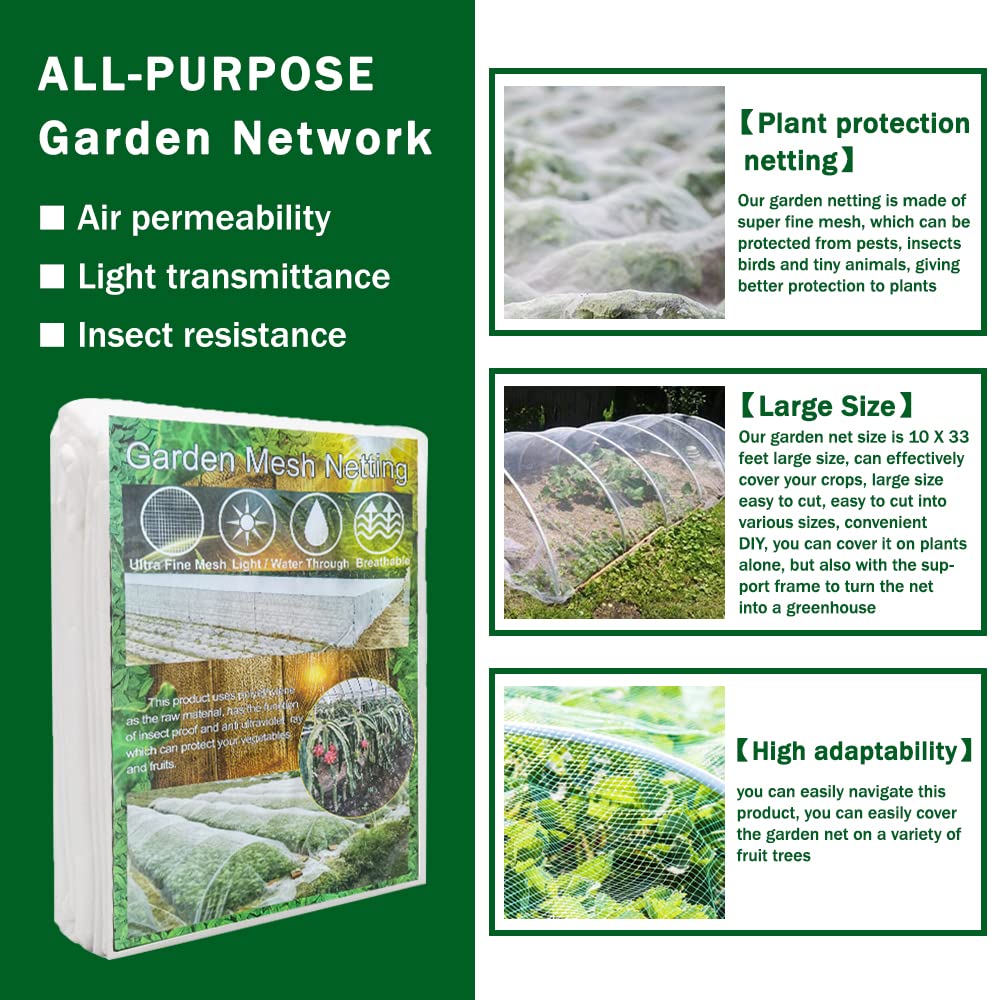 Garden net, Insect Proof net, 10x33 Ft Ultra-fine mesh Plant net, Garden net for Protecting Plants, Vegetables, Fruits and Flowers, Reusable Plant Cover