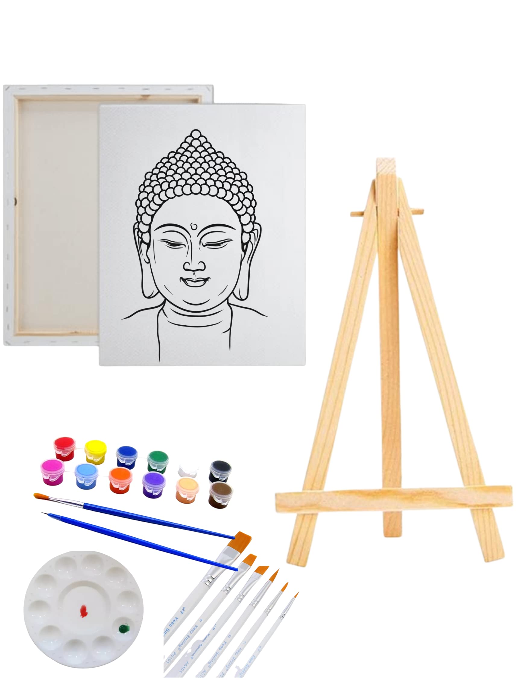 Essenburg Pre Drawn Canvas Buddha Paint Kit | Adult & Teen Sip and Paint Party Favor | DIY Date Night Couple Activity (M 12X16 PAINT. EASLE, 10 PAINT BRUSHES)