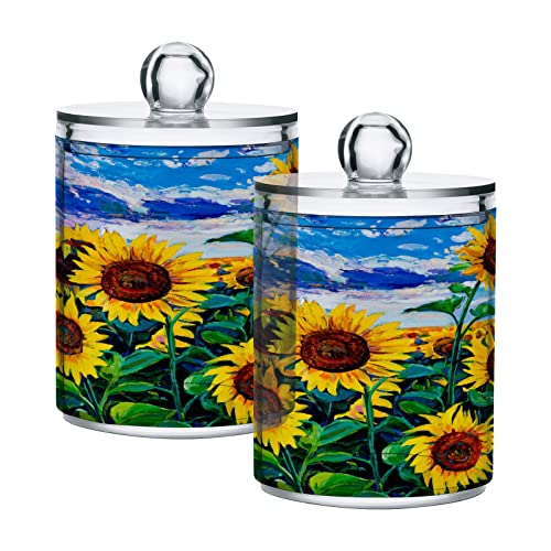 Sunflowers Fields Qtip Dispenser Apothecary Jars Spring Summer Floral Autumn Yellow Flowers Bathroom Qtip Holder Storage Canister Plastic Jar 10 Oz for Cotton Ball Swab Round Pads Floss 2pcs