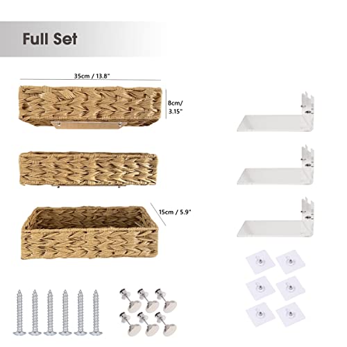 LukLoy Floating Basket Waterproof Wall Hanging Slim Woven Bathroom Baskets Over Toilet Tank with Wall Brackets for Toilet Paper Towel Organizing (Brown, Pack of 3)