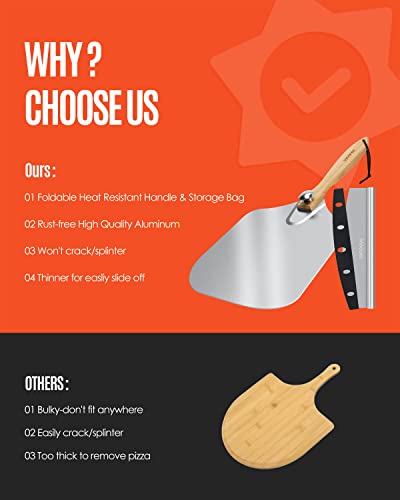 Pizza Peel Aluminum Pizza Spatula, Mooues 12 inch Metal Pizza Paddle(12"x 14")with Rocker Cutter Foldable Wood Handle, [Storage bag included], for Family Pizza Oven Baking Pizza, Dough, Bread & Pastry