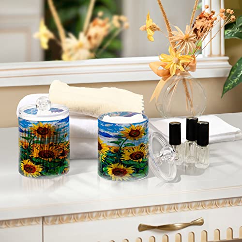 Sunflowers Fields Qtip Dispenser Apothecary Jars Spring Summer Floral Autumn Yellow Flowers Bathroom Qtip Holder Storage Canister Plastic Jar 10 Oz for Cotton Ball Swab Round Pads Floss 2pcs