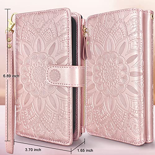 Harryshell Compatible with iPhone 14 Pro 6.1 inch 5G 2022 Wallet Case Detachable Magnetic Cover Zipper Cash Pocket Multi Card Slots Holder Wrist Strap Lanyard (Floral Rose Gold)