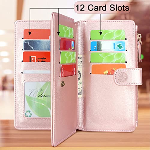 Harryshell Compatible with iPhone 14 Pro 6.1 inch 5G 2022 Wallet Case Detachable Magnetic Cover Zipper Cash Pocket Multi Card Slots Holder Wrist Strap Lanyard (Floral Rose Gold)