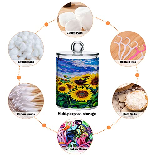 Sunflowers Fields Qtip Dispenser Apothecary Jars Spring Summer Floral Autumn Yellow Flowers Bathroom Qtip Holder Storage Canister Plastic Jar 10 Oz for Cotton Ball Swab Round Pads Floss 2pcs
