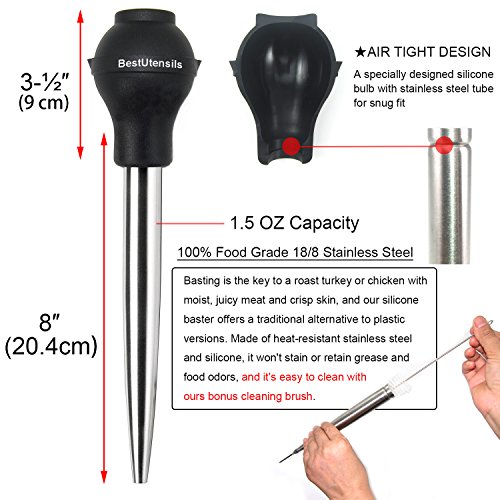 Best Utensils Stainless Steel Turkey Baster Commercial Grade Quality Silicone Bulb Including 2 Marinade Injector Needles And Brush For Easy Clean Up