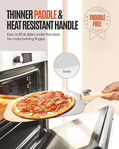 Pizza Peel Aluminum Pizza Spatula, Mooues 12 inch Metal Pizza Paddle(12"x 14")with Rocker Cutter Foldable Wood Handle, [Storage bag included], for Family Pizza Oven Baking Pizza, Dough, Bread & Pastry