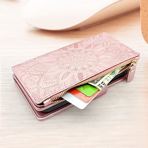 Harryshell Compatible with iPhone 14 Pro 6.1 inch 5G 2022 Wallet Case Detachable Magnetic Cover Zipper Cash Pocket Multi Card Slots Holder Wrist Strap Lanyard (Floral Rose Gold)