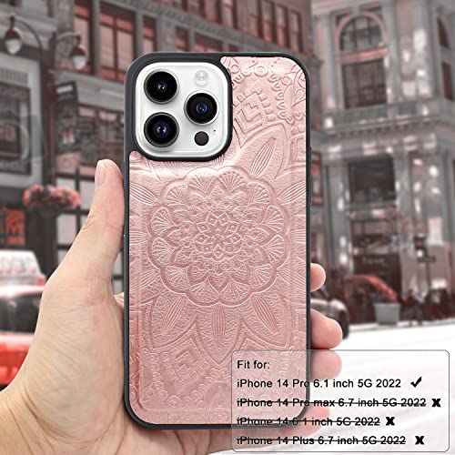 Harryshell Compatible with iPhone 14 Pro 6.1 inch 5G 2022 Wallet Case Detachable Magnetic Cover Zipper Cash Pocket Multi Card Slots Holder Wrist Strap Lanyard (Floral Rose Gold)