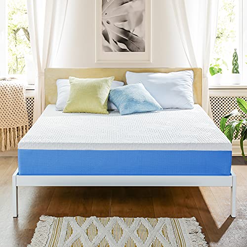 Olee Sleep 10 Inch Ventilated Gel Infused Memory Foam Mattress, CertiPUR-US® Certified, Blue, Queen