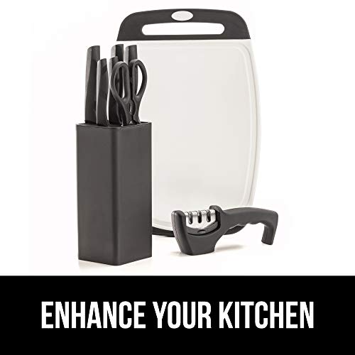 Gorilla Grip Easy to Use Knife Sharpener, 3 Sharpening Options to Help Polish, Sharpen and Repair Kitchen Knives, Restore Dull Blades, Slip Resistant Handle, Durable, Professional Chef Quality, Red