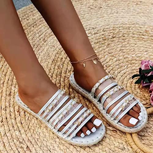 Coerni Ladies Fashion Transparent PVC Metal Chain Decorative Round Top Thick Bottom Straw Sandals Yeah Slippers Women (Silver, 6.5)