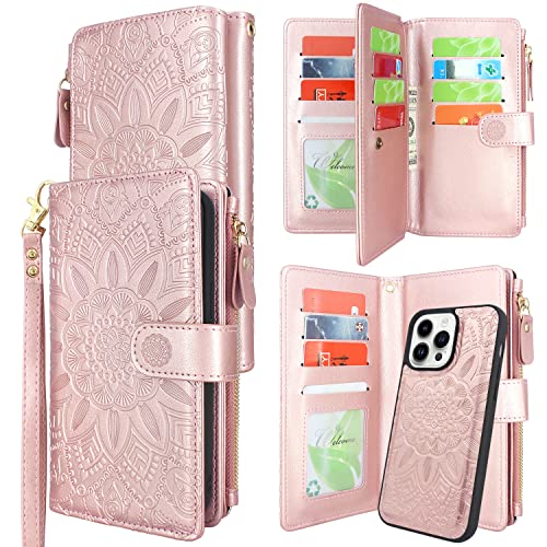 Harryshell Compatible with iPhone 14 Pro 6.1 inch 5G 2022 Wallet Case Detachable Magnetic Cover Zipper Cash Pocket Multi Card Slots Holder Wrist Strap Lanyard (Floral Rose Gold)