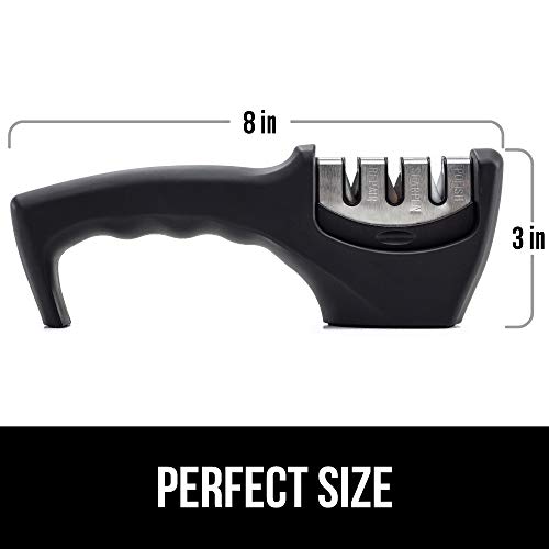 Gorilla Grip Easy to Use Knife Sharpener, 3 Sharpening Options to Help Polish, Sharpen and Repair Kitchen Knives, Restore Dull Blades, Slip Resistant Handle, Durable, Professional Chef Quality, Red