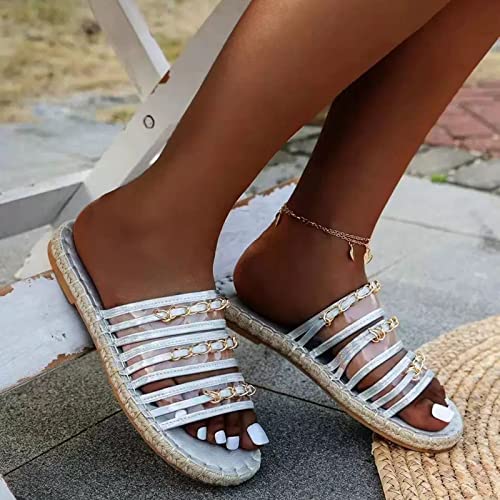 Coerni Ladies Fashion Transparent PVC Metal Chain Decorative Round Top Thick Bottom Straw Sandals Yeah Slippers Women (Silver, 6.5)