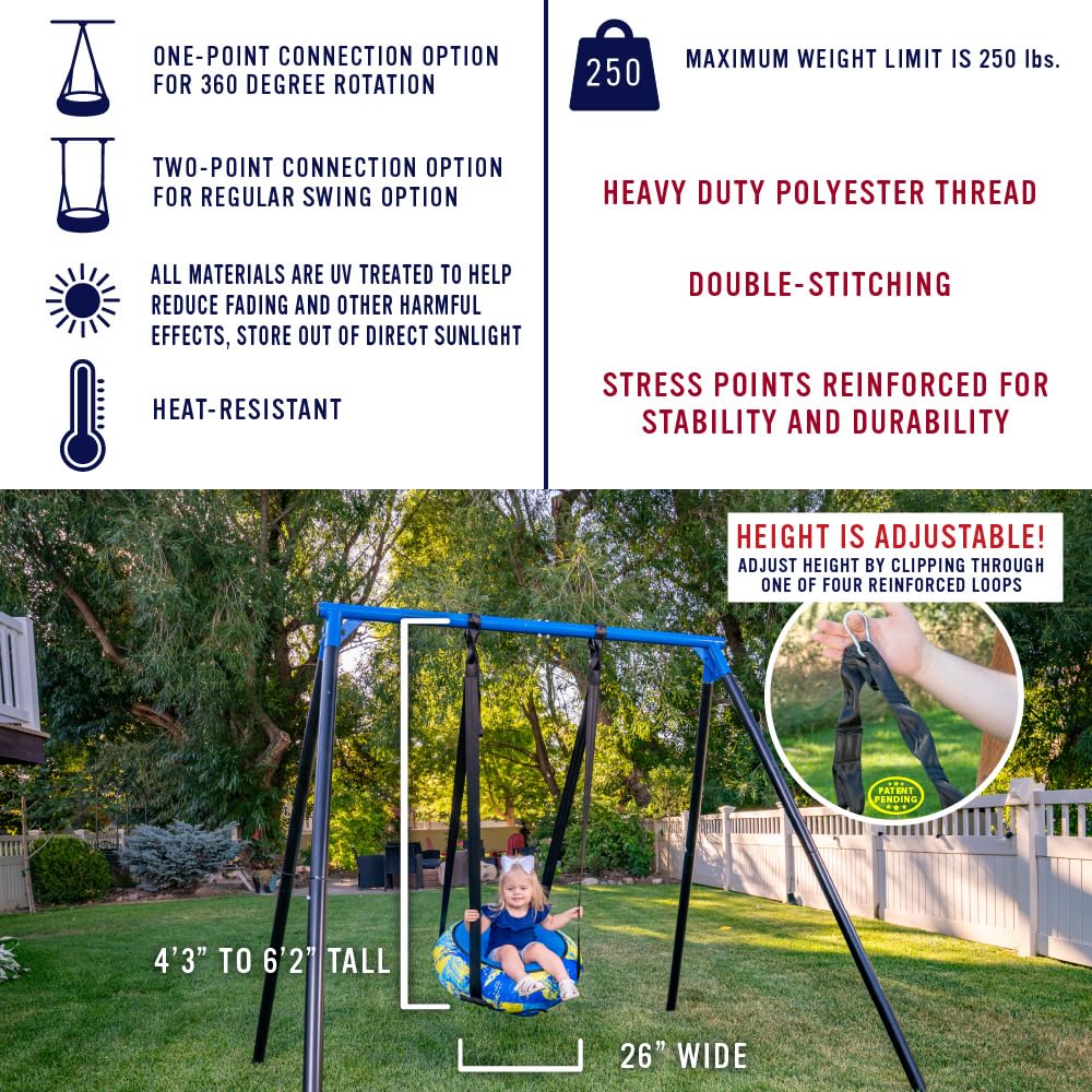 AIR Swing Round Inflatable Saucer Tree Swing - Heavy-Duty & Safe, Adjustable Indoor & Outdoor Swing for Kids 3+, for Any Jungle Gym Playground or Treehouse, 26" Blue/Yellow