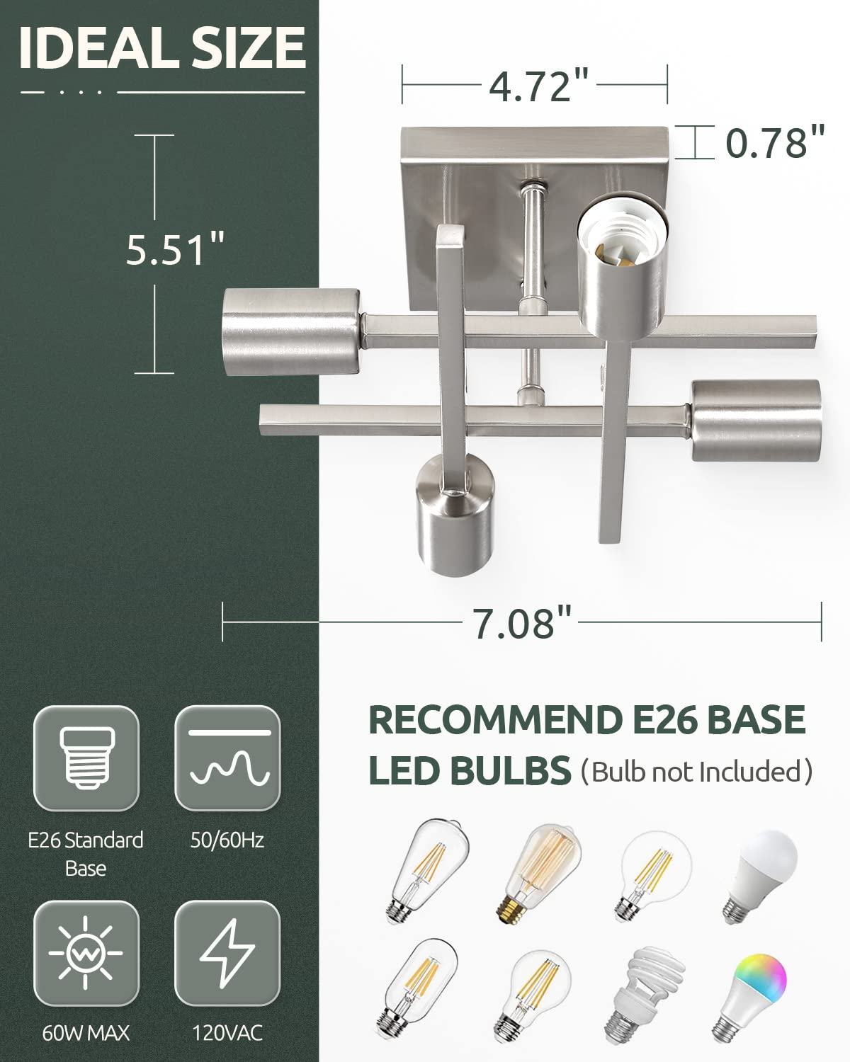 Eietonte Industrial 4-Light Semi Flush Mount Ceiling Light Fixture, Modern Brushed Nickel Chandelier Lighting, Farmhouse E26 Base Sputnik Ceiling Lamp for Kitchen Bedroom Living Room Hallway