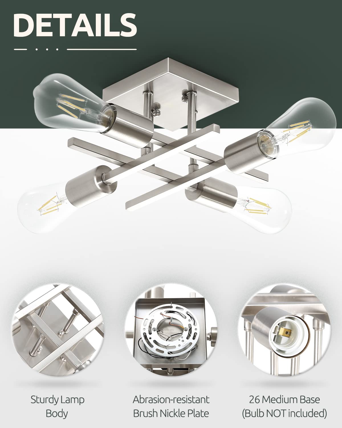 Eietonte Industrial 4-Light Semi Flush Mount Ceiling Light Fixture, Modern Brushed Nickel Chandelier Lighting, Farmhouse E26 Base Sputnik Ceiling Lamp for Kitchen Bedroom Living Room Hallway