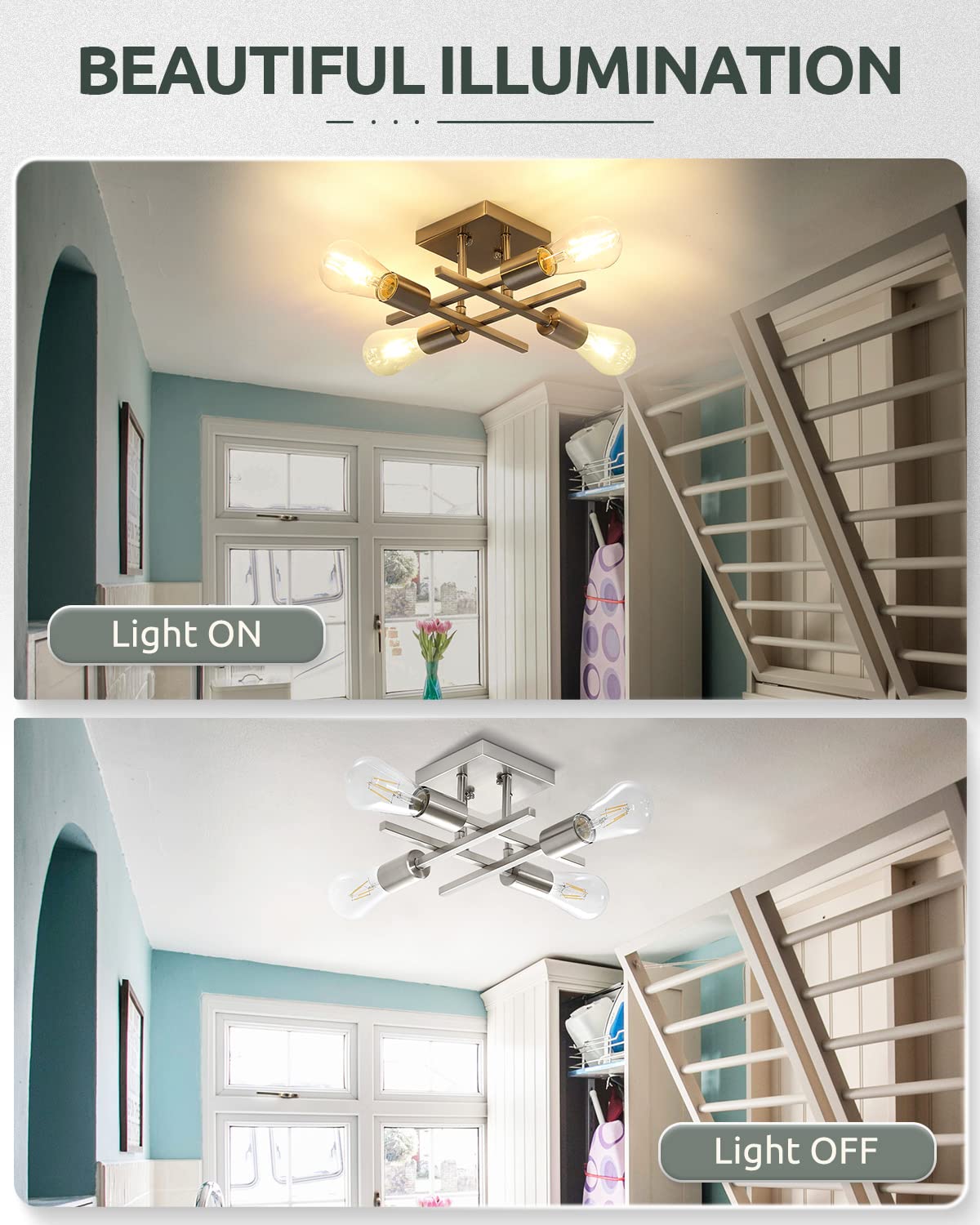 Eietonte Industrial 4-Light Semi Flush Mount Ceiling Light Fixture, Modern Brushed Nickel Chandelier Lighting, Farmhouse E26 Base Sputnik Ceiling Lamp for Kitchen Bedroom Living Room Hallway